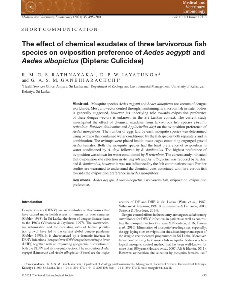 The Effect of Chemical Exudates of Three Larvivorous Fish Species On ...