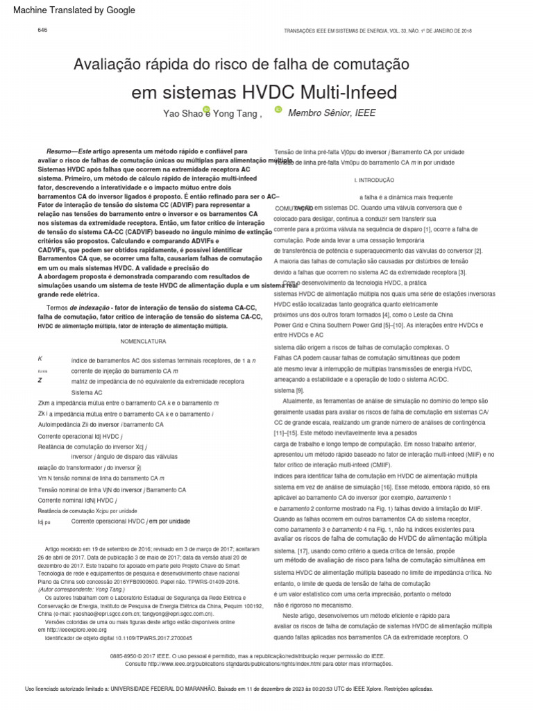 Fast Evaluation of Commutation Failure Risk in Multi-Infeed HVDC Systems | PDF | Impedância ...