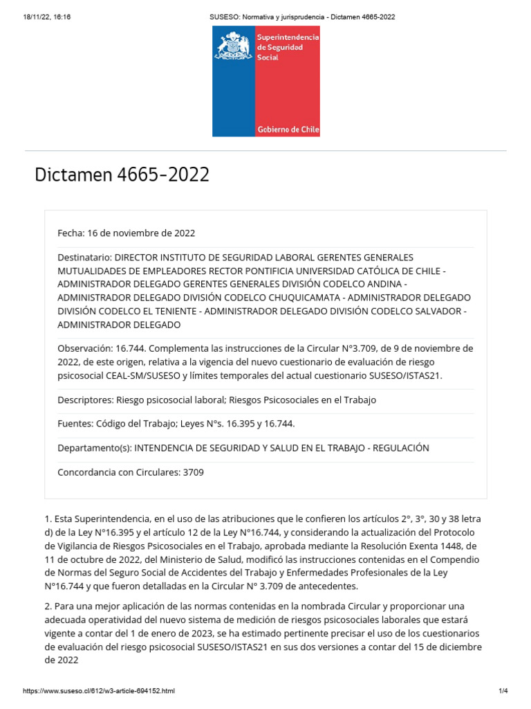 SUSESO - Normativa y Jurisprudencia - Dictamen 4665-2022 | PDF | Seguridad y salud ocupacional