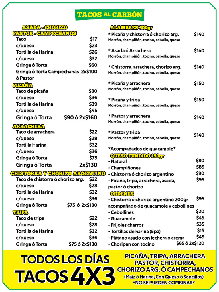 Tacos Al Carbon Menu | PDF | Alimentos | Cocina