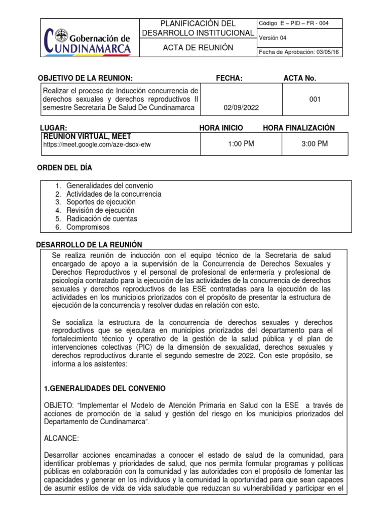 Acta Reunion Induccion DSDR II - 02092022 | PDF | Vejez | Adultos