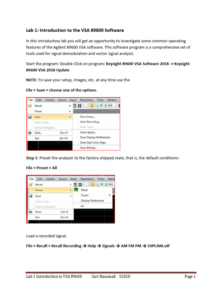 LAB 1 Introduction to the VSA 89600 Software S2020 | PDF | Bandwidth (Signal Processing ...