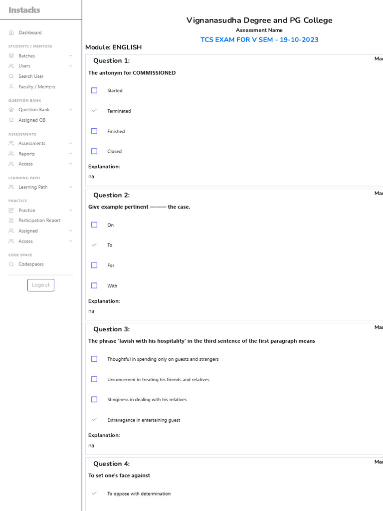 Instacks - TCS EXAM FOR V SEM - 19-10-2023 | PDF