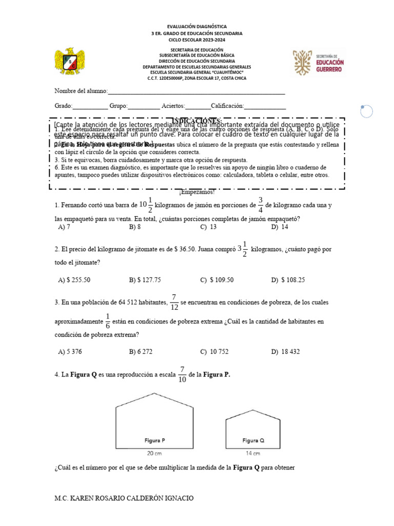 Exmen DIAGNOSTICO 3 | PDF | Lápiz