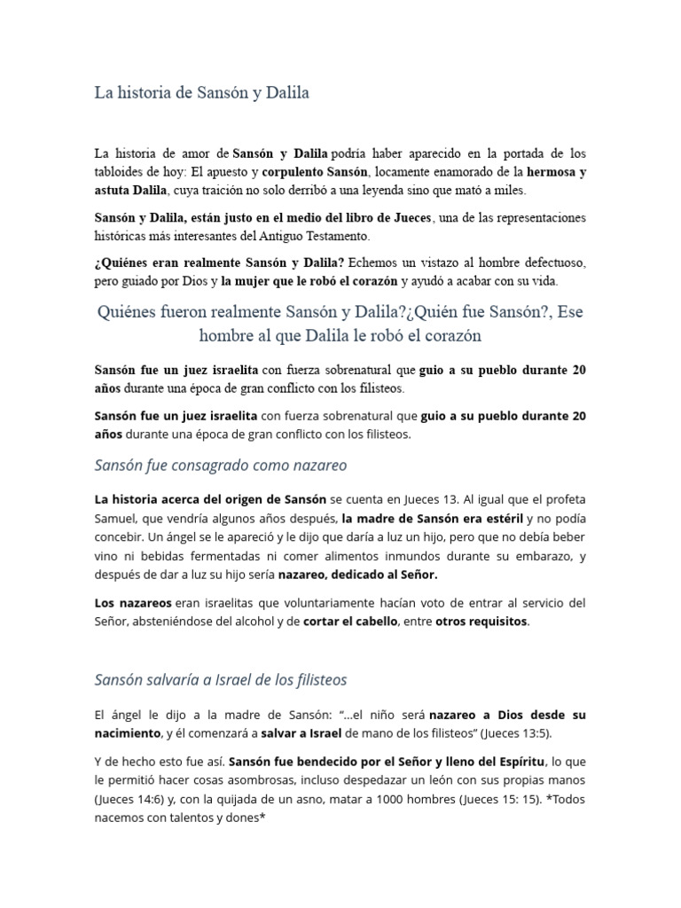 Historia de Sansón y Dalila: Resumen | PDF | Sansón | Dalila
