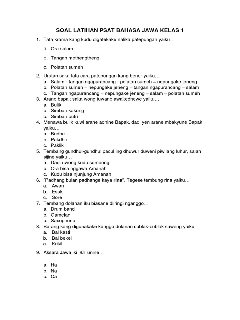 Soal Latihan Psat Bahasa Jawa Kelas 1 | PDF