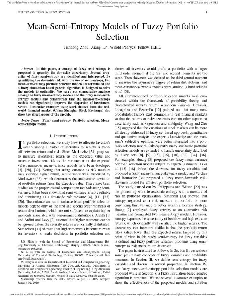 Mean Semi Entropy Models Of Fuzzy Portfolio Selection Pdf Modern