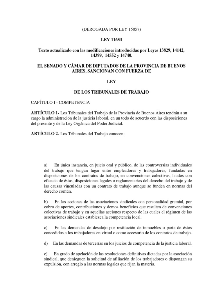 Ley 11653: Competencia de Tribunales Laborales | PDF | Sentencia (ley ...