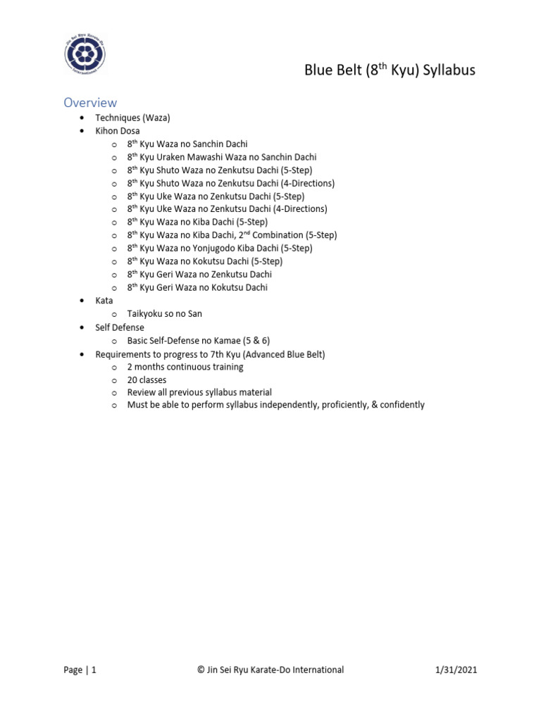 Jin Sei Ryu Syllabus - 8th Kyu Senior (2021.01.31) | PDF | Japanese Martial Arts | East Asian ...