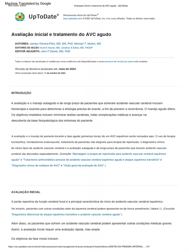 Avaliação Inicial e Tratamento Do AVC Agudo | PDF | AVC | Hipertensão