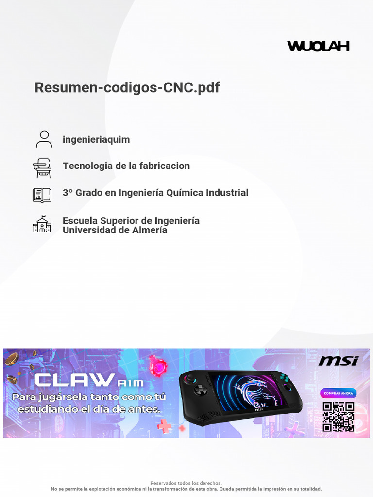 Wuolah Free Resumen Codigos CNC | PDF | Control numerico | Metalurgia