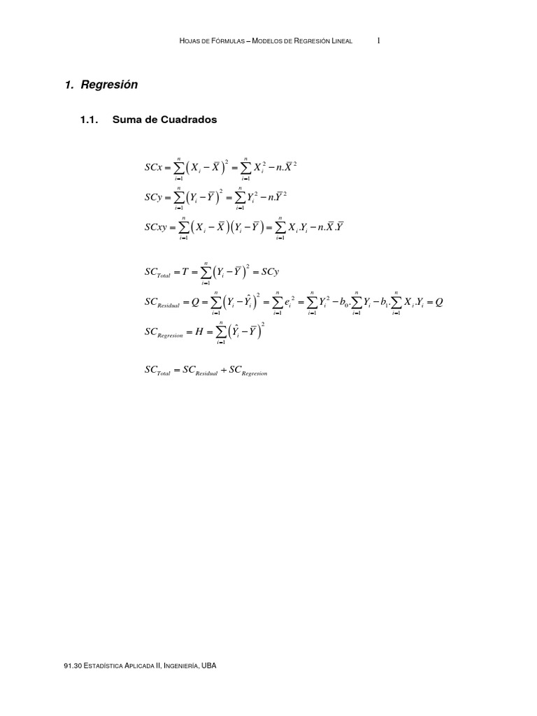 Fórmulas Regresión Lineal Simple | PDF | Análisis de regresión ...