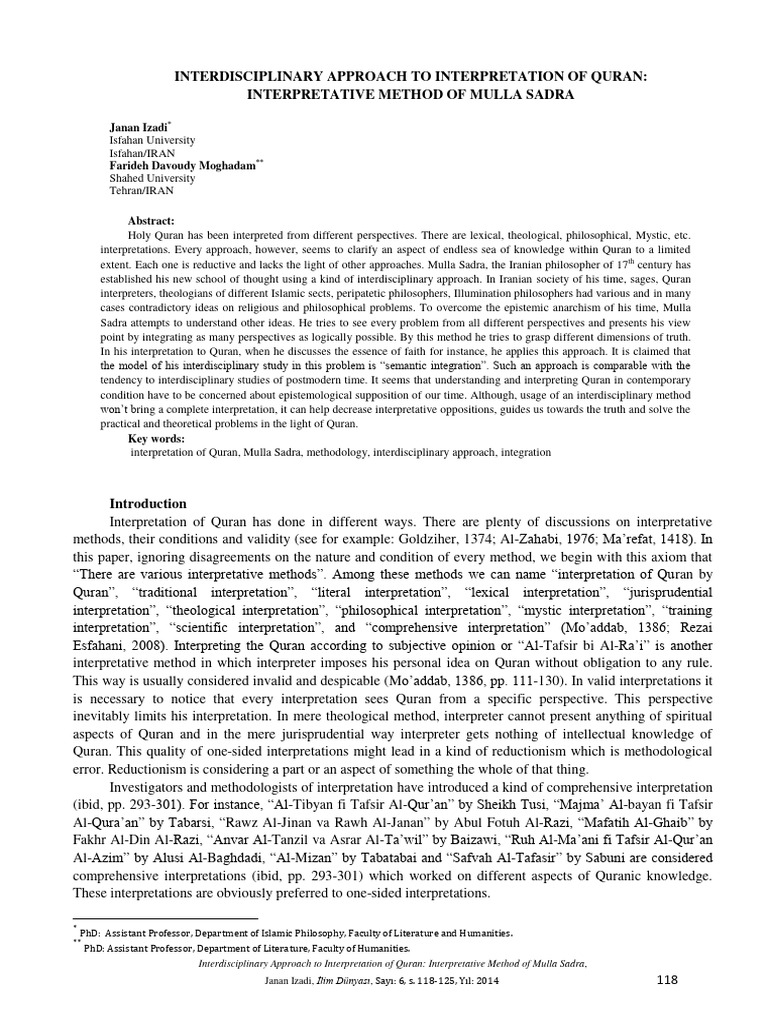 5 - Interdisciplinary Approach To Interpretation of Quran Interpretative Method of Mulla Sadra ...