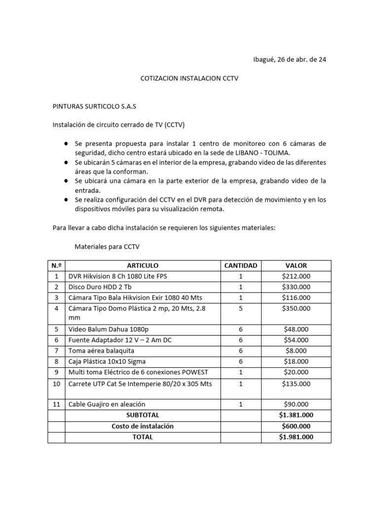 Ejemplo Cotizacion CCTV | PDF | Circuito cerrado de televisión | Imagen