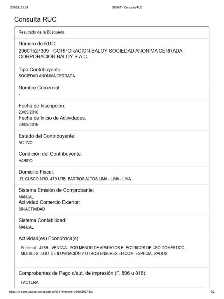 RUC 20601527309: Detalles de Corporación Baloy S.A.C. | PDF