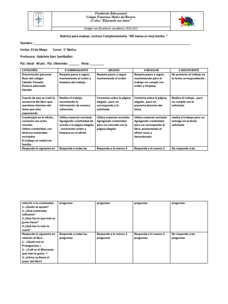 Rubrica Libro Mi Mama Es Bonita 1 Basico 2 | PDF | Creatividad
