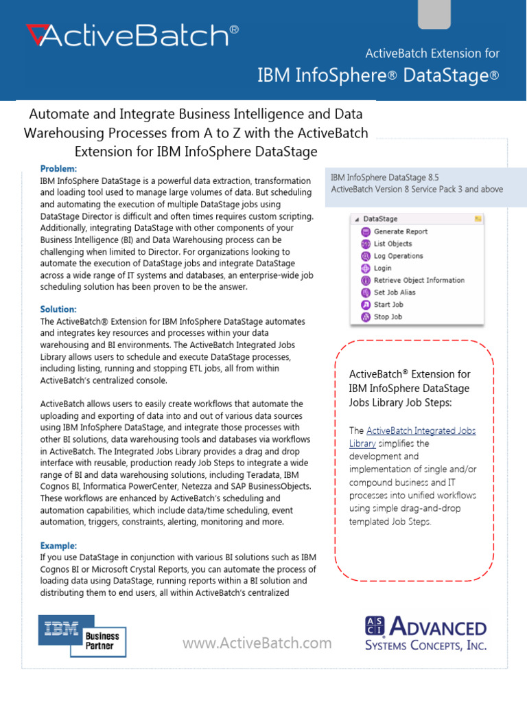 Datasheet Activebatch Extension For Ibm Infosphere Datastage | PDF | Data Warehouse | Automation