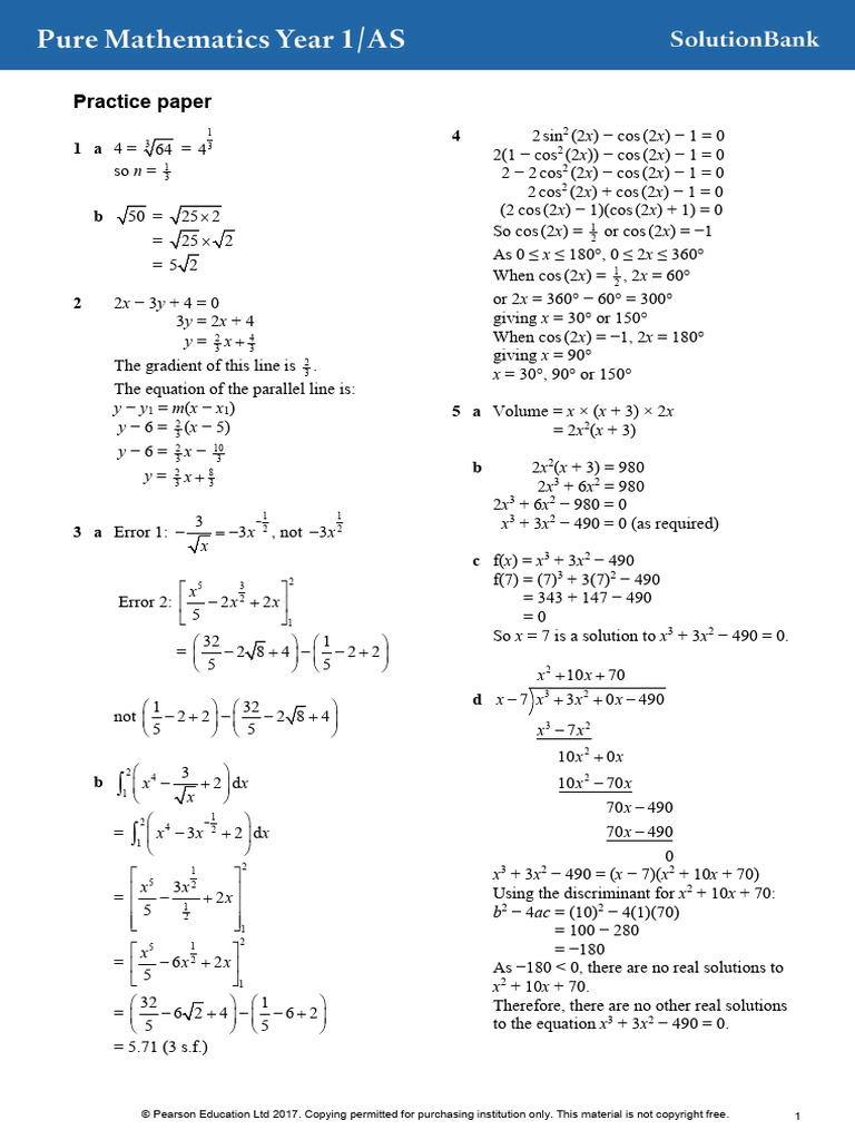 AS Pure Mathematics Textbook - Practice Paper 1 Solutions | PDF ...