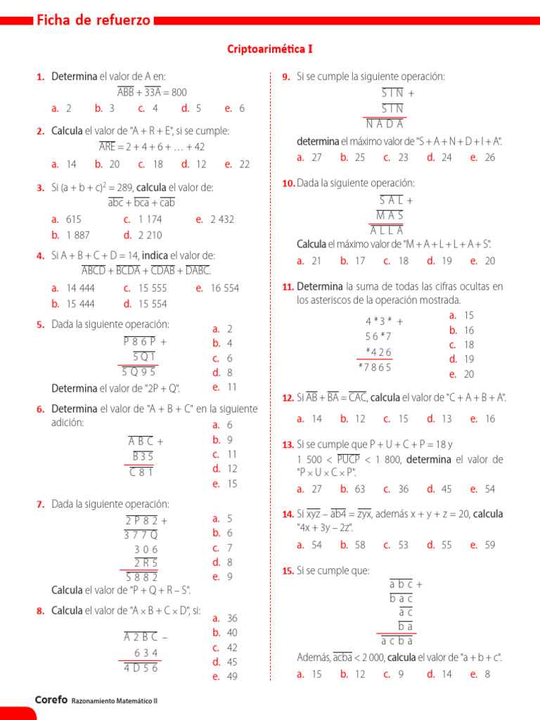 FICHA REFUERZO - Criptoaritmetica I | PDF
