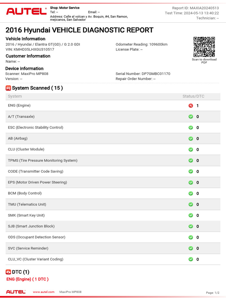 2016 Hyundai VEHICLE DIAGNOSTIC REPORT - KMHD35LHXGU310517 ...
