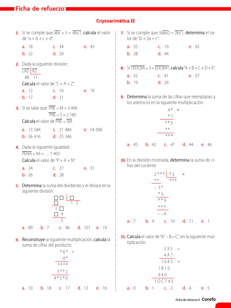 FICHA REFUERZO - Criptoaritmetica II | PDF | Aritmética | Matemática Elemental