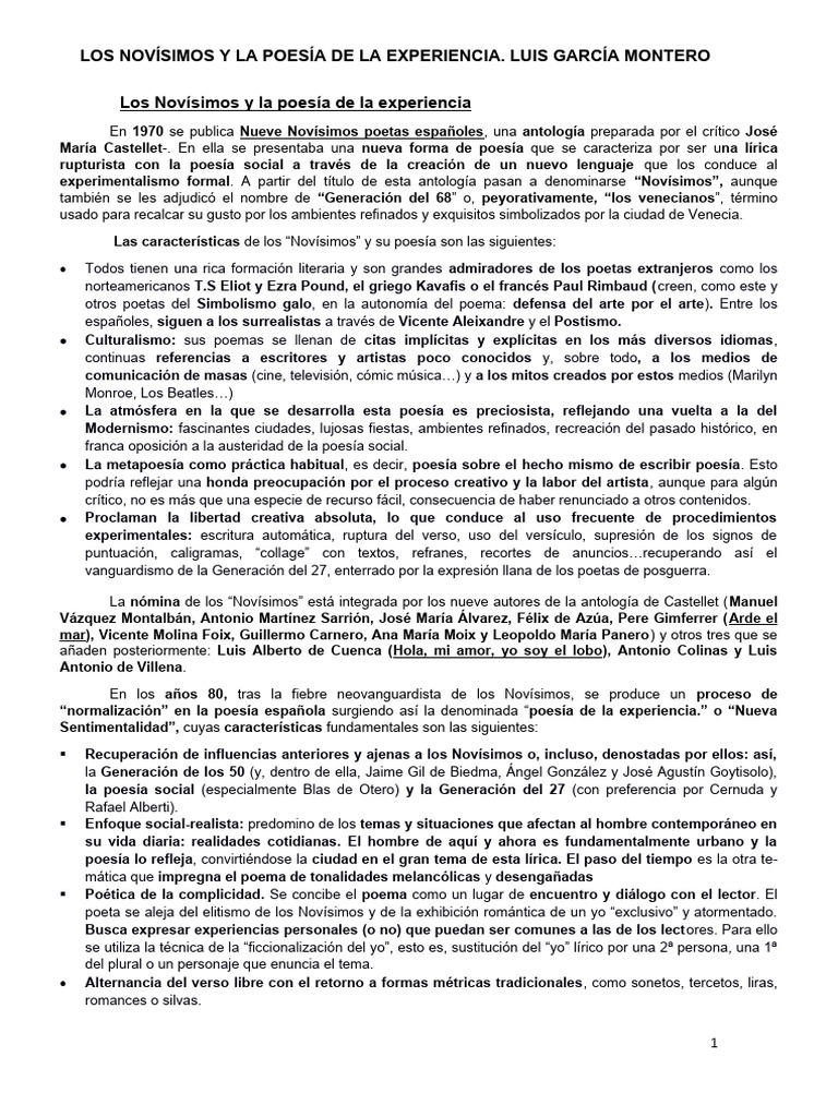 Los Novisimos y Poesía de La Experiencia. García Montero 2 | PDF ...