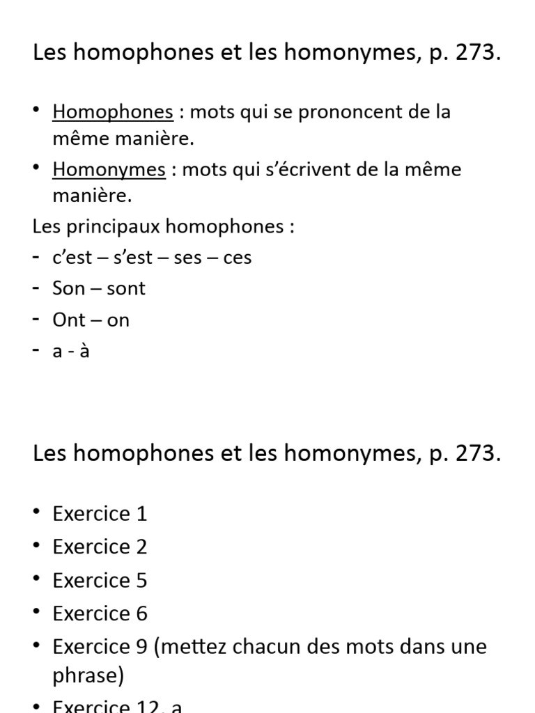 Homophones et homonymes : exercices pratiques | PDF