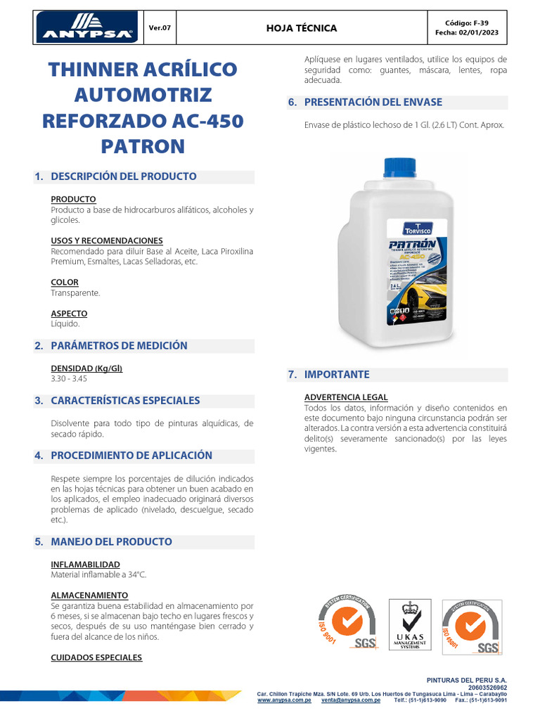 Thinner Acrílico Automotriz Reforzado Ac - 450 Patron 2.6 LT | PDF