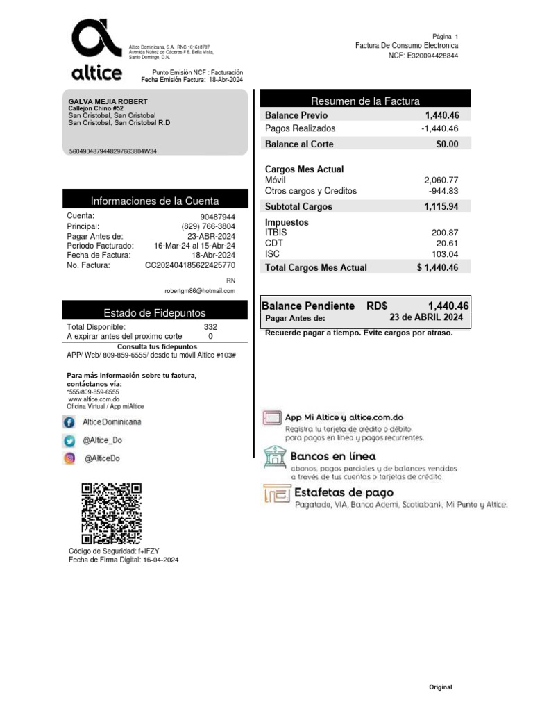 Factura Electrónica Altice Abril 2024 | PDF