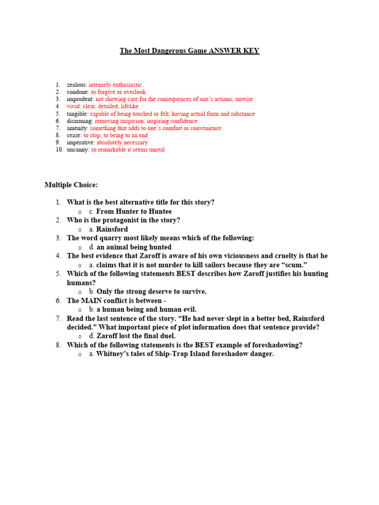 The Most Dangerous Game ANSWER KEY | PDF | Hunting | Experience