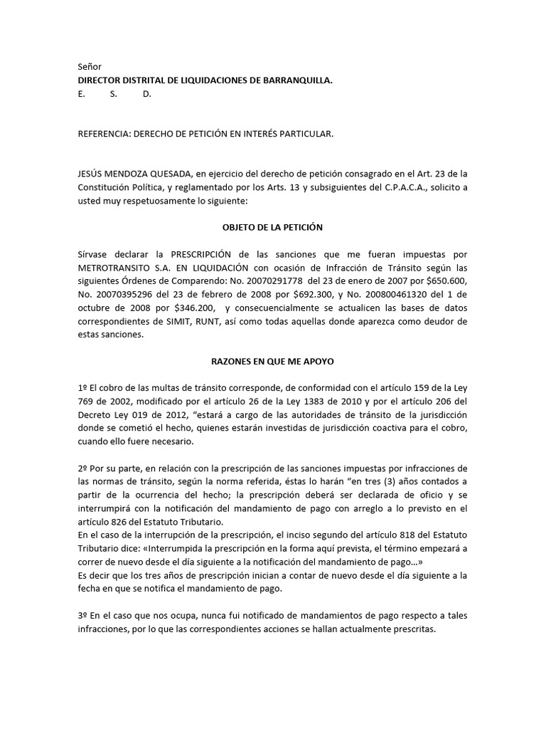Solicitud de Prescripción de Multas de Tránsito | PDF | Estatuto de limitaciones | Justicia
