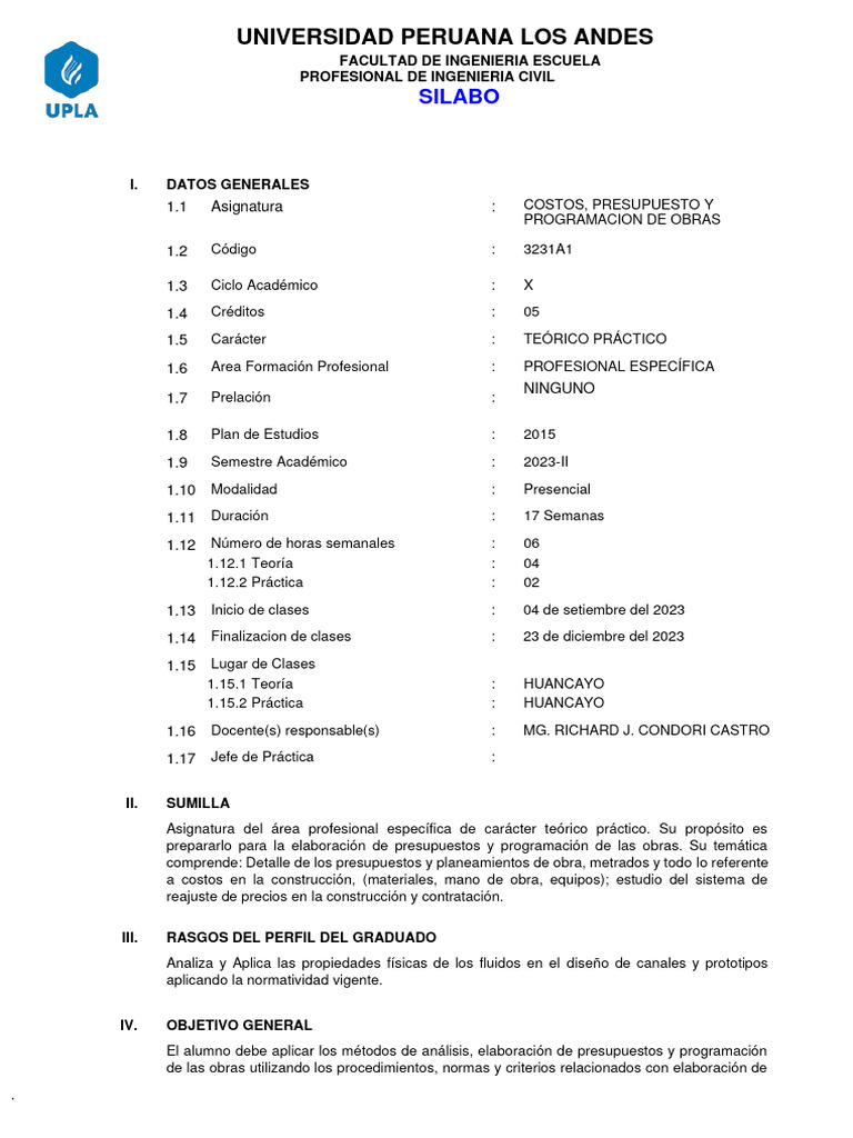 X - 3231a1 - Costos, Presupuesto y Programacion de Obras - Silabo | PDF ...