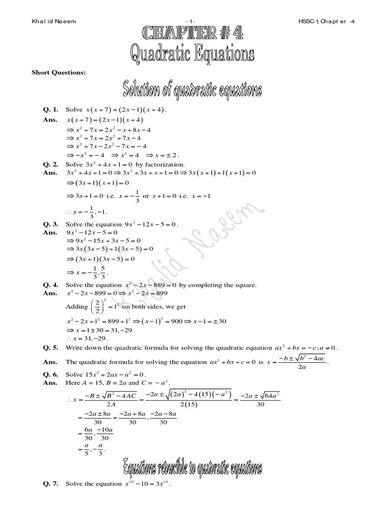 Quadratic Quation 1st Year | PDF | Polynomial | Zero Of A Function