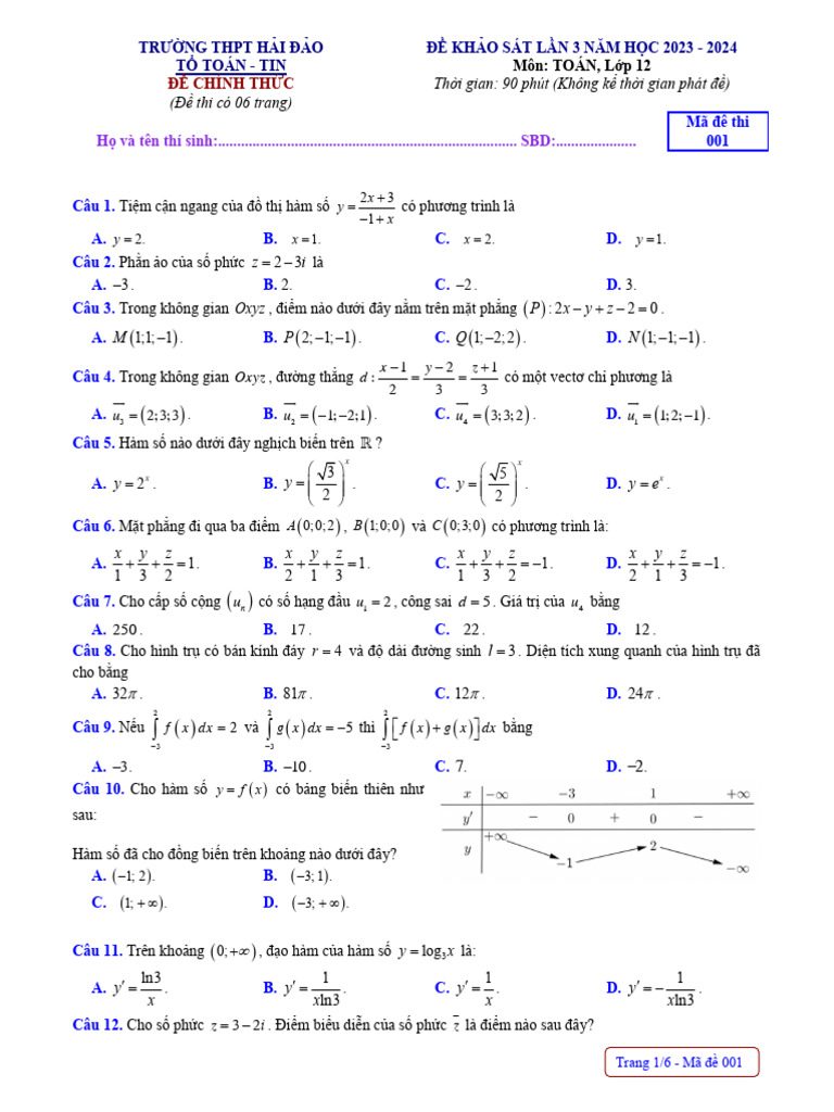 De Khao Sat Lan 3 Toan 12 Nam 2023 2024 Truong THPT Hai Dao Quang Ninh | PDF