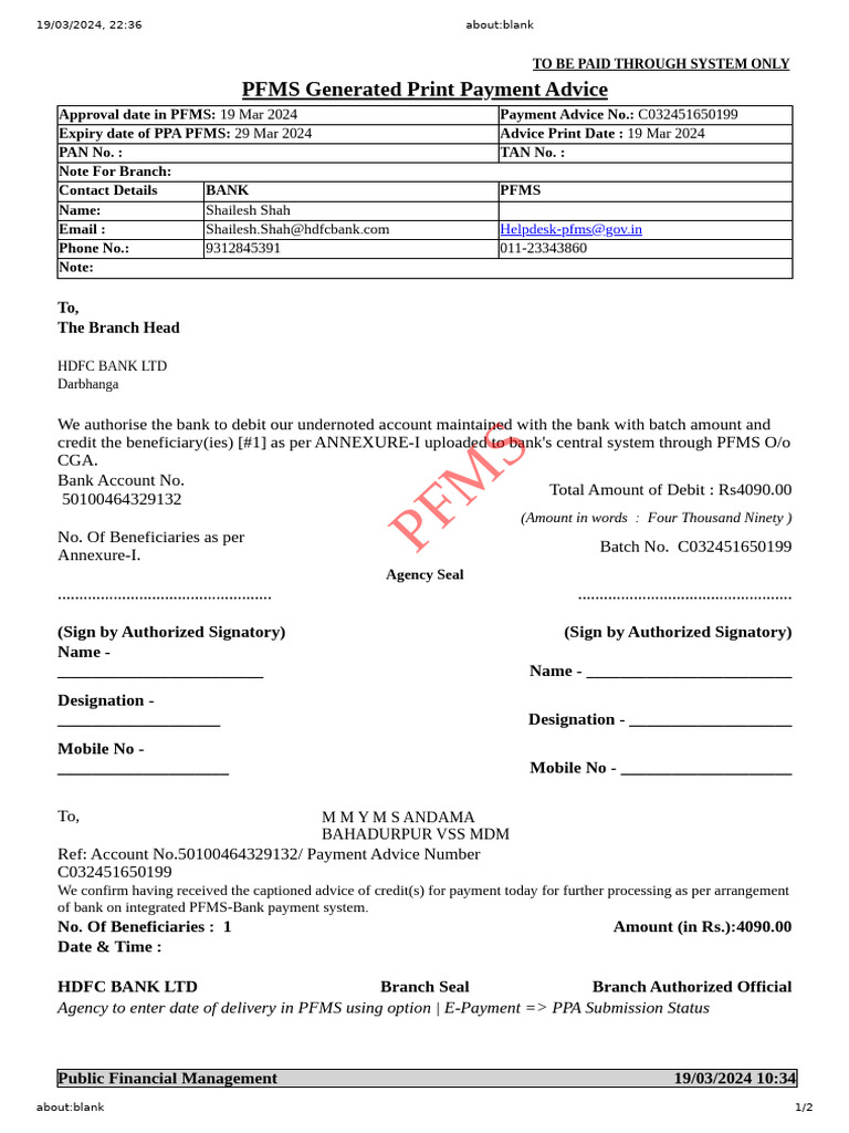 PFMS Generated Print Payment Advice: To, The Branch Head | PDF | Payments | Banks