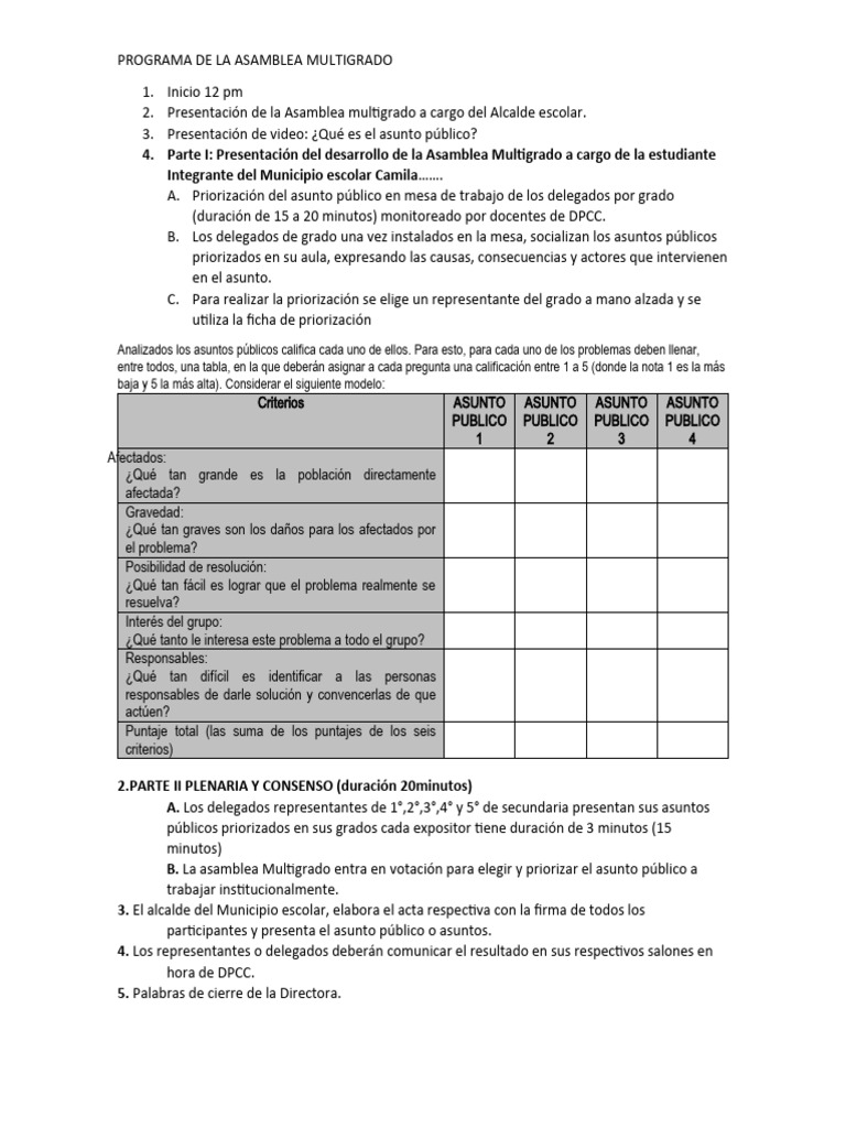 PROGRAMA DE LA ASAMBLEA MULTIGRADO | PDF