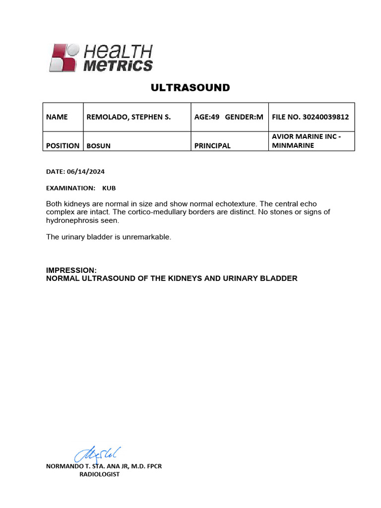 Normal KUB Ultrasound Report for Stephen Remolado | PDF | Social ...