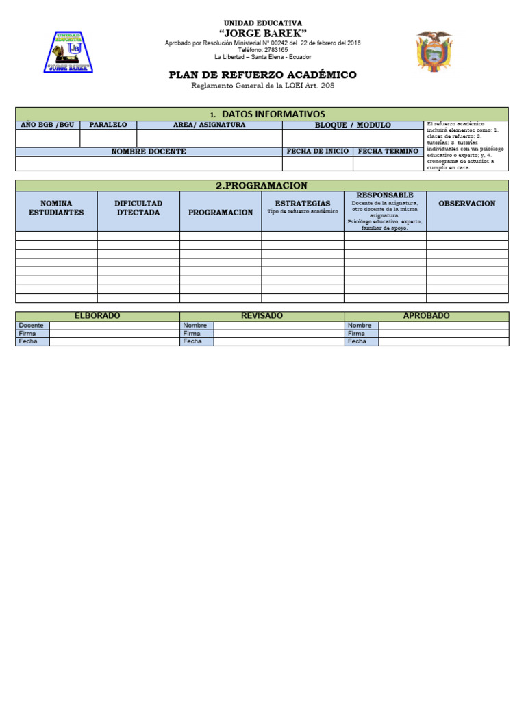 Plan de Refuerzo Academico | PDF