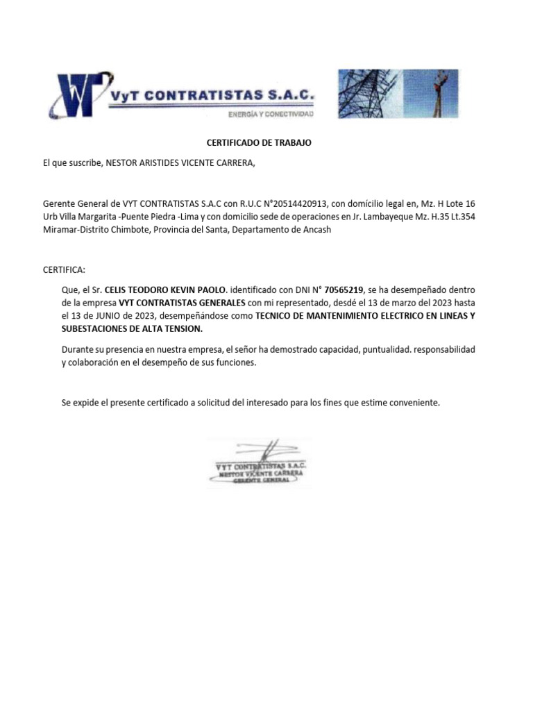 Certificado Laboral VYT Contratistas S.A.C | PDF
