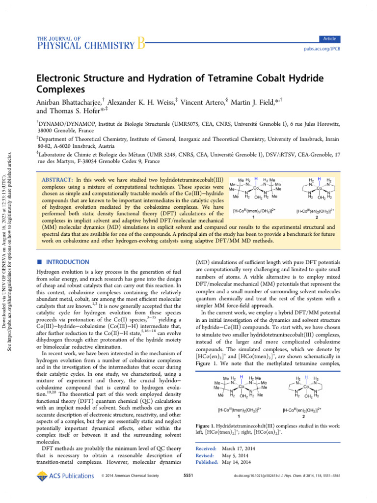 Electronic Structure and Hydration of Tetramine Cobalt Hydride ...