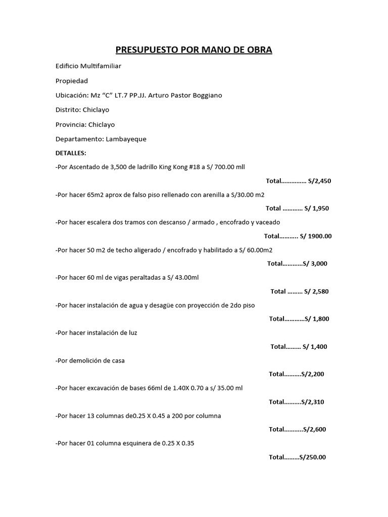 Presupuesto Por Mano de Obra-Multifamiliar Casa | PDF | Material compuesto | edificio