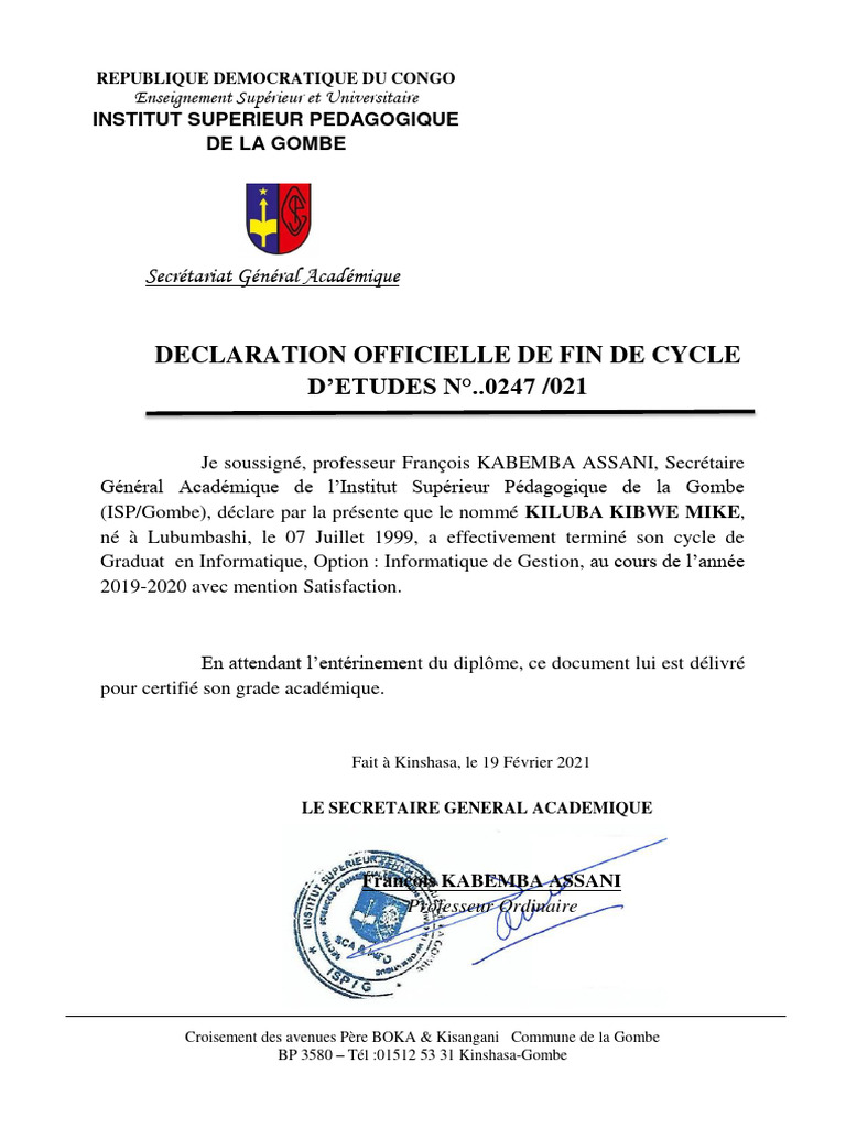 Attestation de réussite en Informatique | PDF