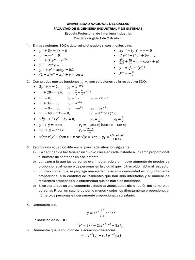 Práctica dirigida 1 de EDO | PDF | Ecuaciones | Matemáticas