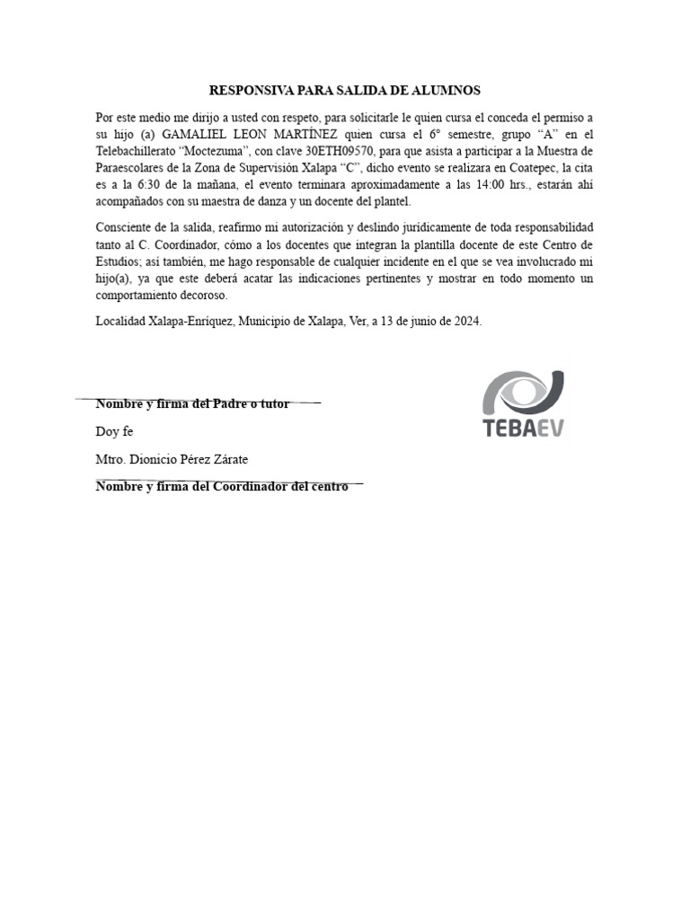 Responsiva para Salida de Alumnos: Doy Fe Mtro. Dionicio Pérez Zárate | PDF