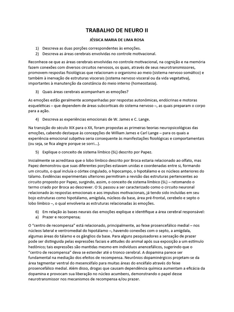 Atividade Neuro II | PDF | Emoções | Sistema límbico