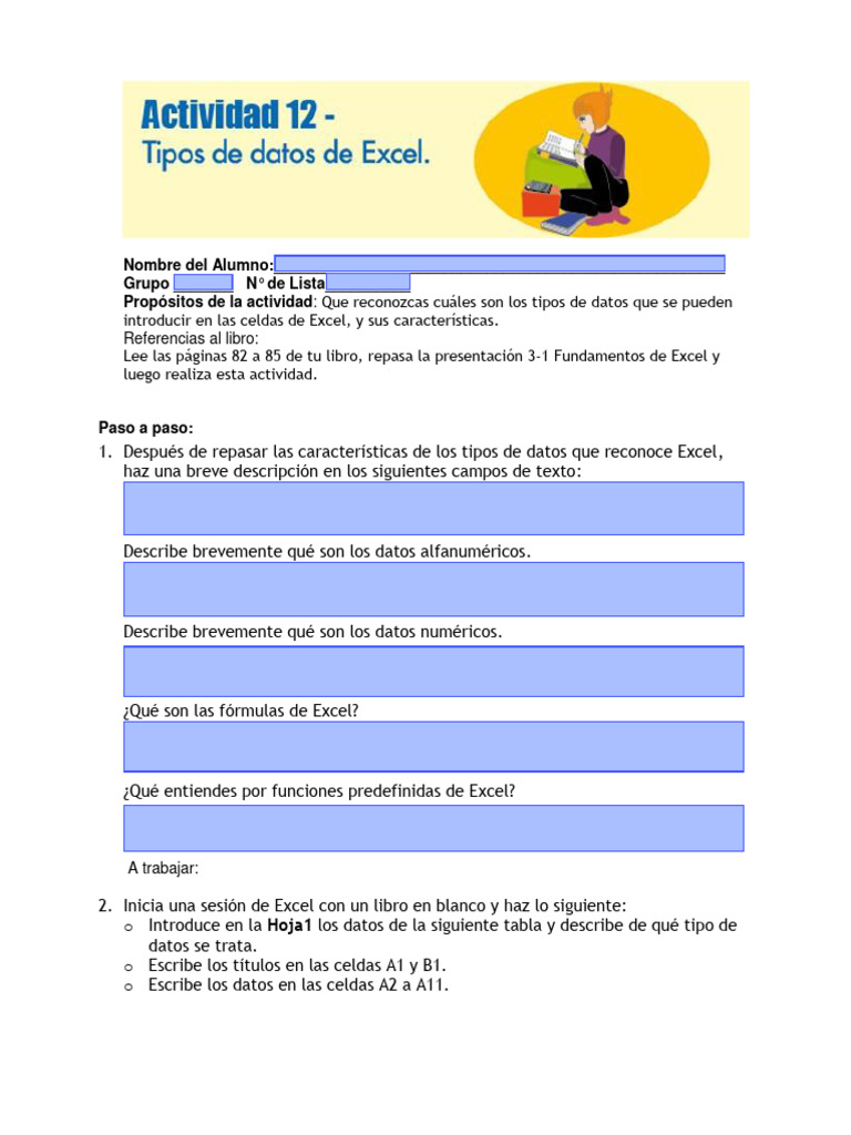 Actividad 12 Tipos De Datos De Excel Pdf Hoja De Cálculo 7407