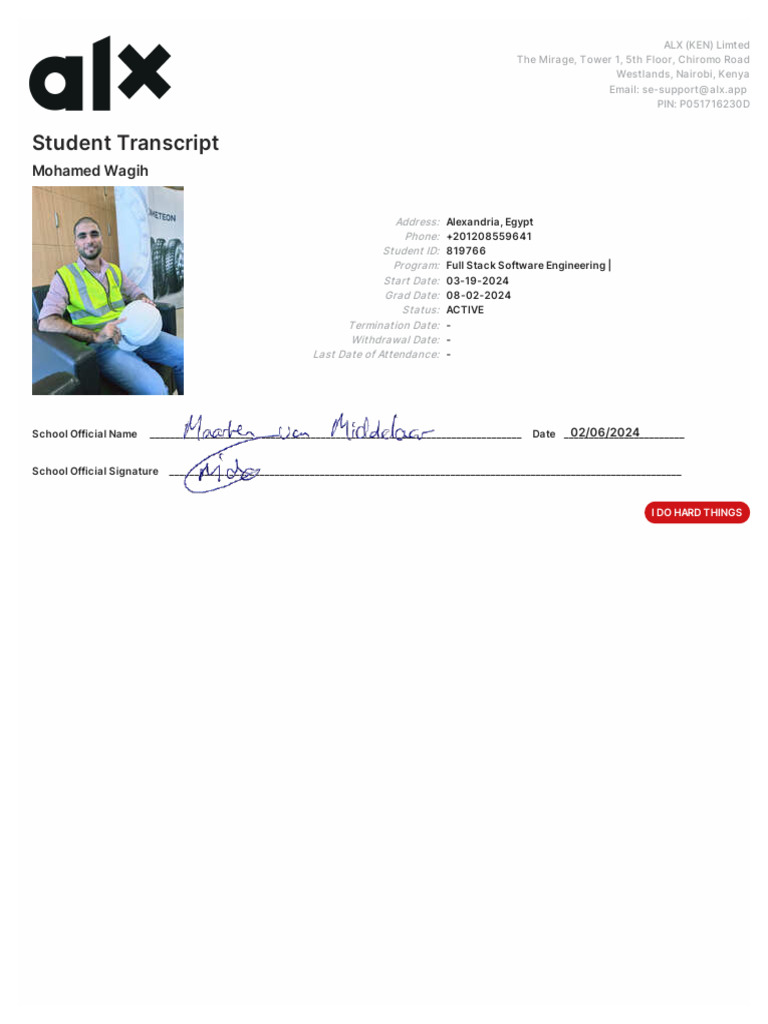 Mohamed Wagih Student Transcript | PDF