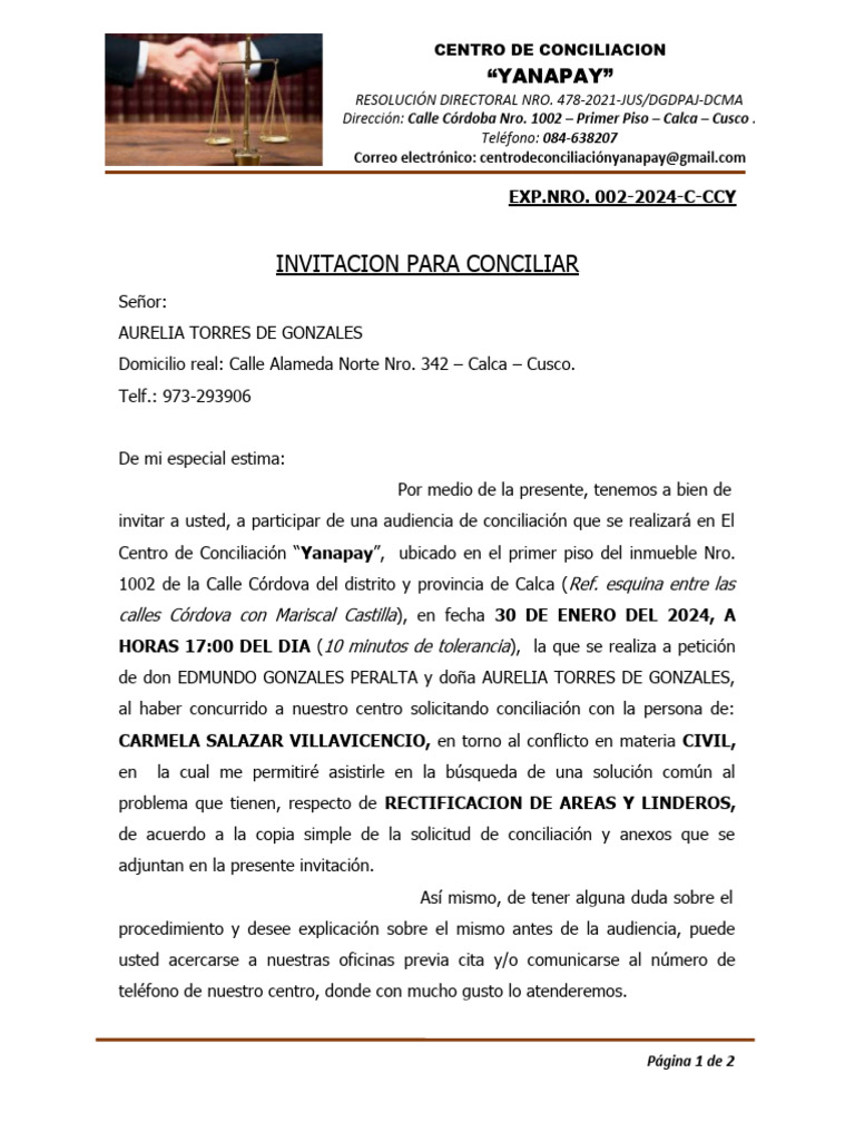 Invitación a Audiencia de Conciliación en Yanapay | PDF | Derecho