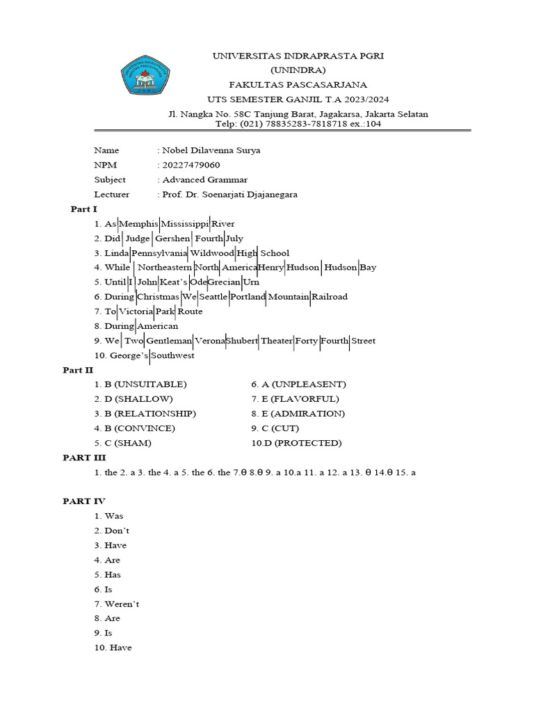 UNINDRA Advanced Grammar UTS 2023 | PDF