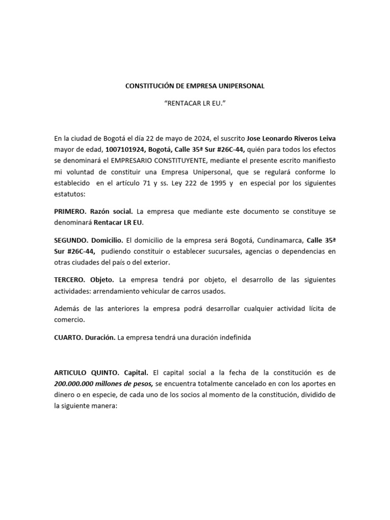 ACTA DE CONSTITUCIÓN DE EMPRESA UNIPERSONAL | PDF | Sociedad de responsabilidad limitada | Business
